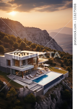 Luxury villa aerial view. A natural landscape... - Stock Illustration ...