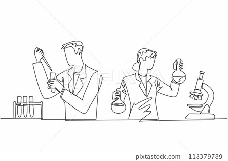 Single continuous line drawing scientists work... - Stock Illustration ...