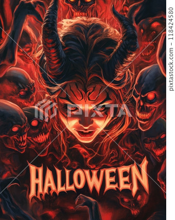 female demon in hell on halloween. inscription... - Stock Illustration ...