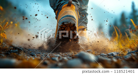 Close-up shot of a rugged boot kicking up dirt...-插圖素材 [118521401 ...