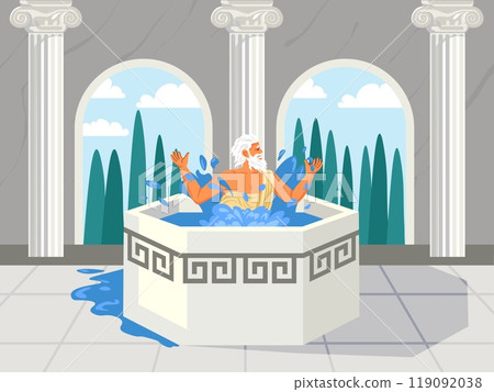 Archimedes in bath. Ancient greek inventor... - Stock Illustration ...