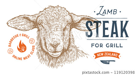 Sheep, lamb, mutton. Vintage retro print, black... - Stock Illustration ...