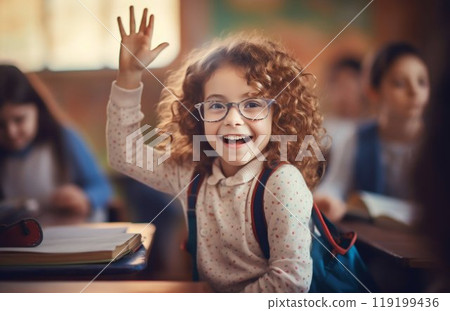 Eager Young Student Raising Hand in a Bright... - Stock Illustration ...