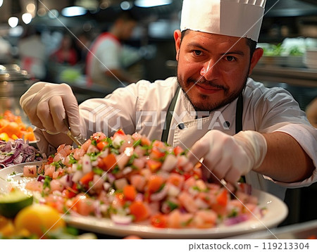 A chef preparing a plate of ceviche in a... - Stock Illustration [119213304] - PIXTA