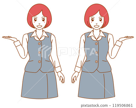 A woman in office clothes points in the direction - Stock Illustration ...