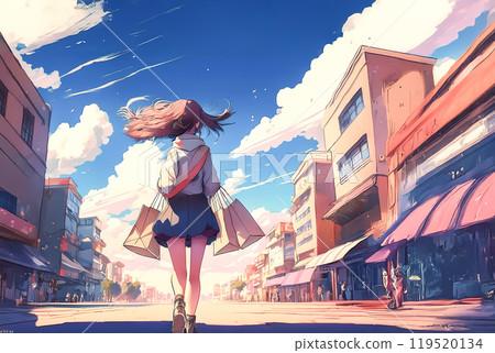 Illustration material of a girl walking with a... - Stock Illustration ...