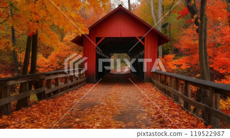 Captivating red covered bridge amid vibrant... - Stock Illustration ...