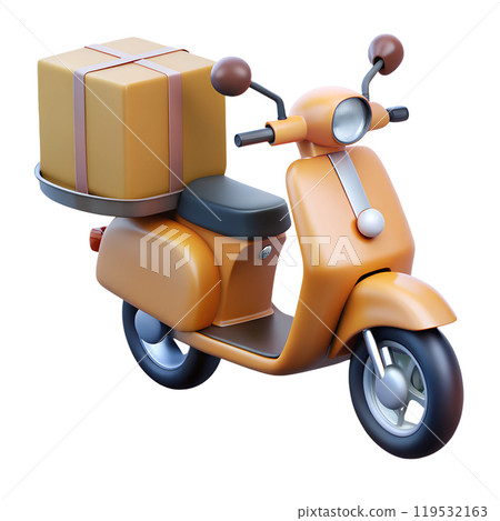 Yellow delivery scooter and delivery box. 3d... - Stock Illustration ...