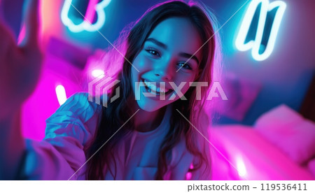 Excited Content Creator In Neon Bedroom Updates... - Stock Illustration ...