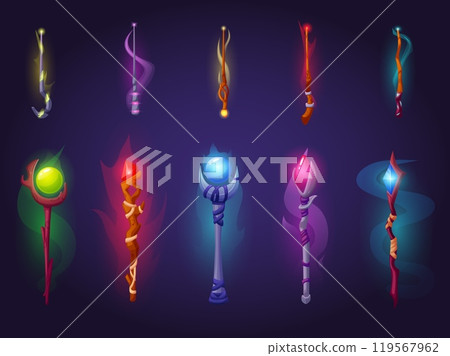 Wizard staff and wand. Magic wands with light... - Stock Illustration ...