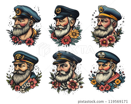 Sailors tattoos. Fisherman or captain head with... - Stock Illustration ...