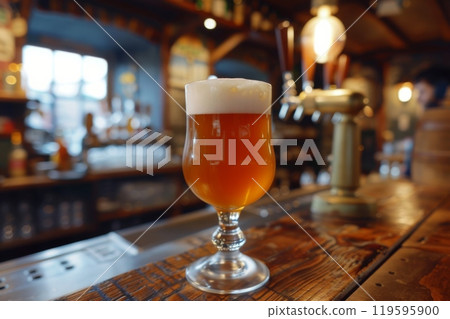 A glass of craft beer with frothy head on...-插圖素材 [119595900] - PIXTA圖庫