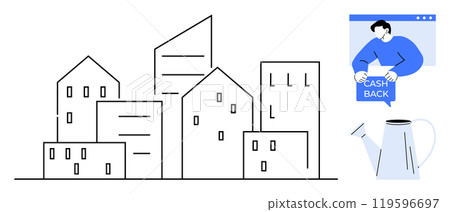 Simple line drawings of city buildings, a... - Stock Illustration ...