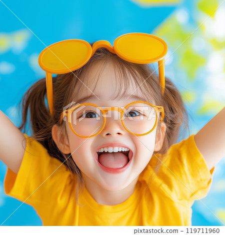 Excited child in a bright yellow outfit poses... - Stock Illustration ...