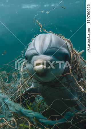 Dolphin trapped in fishing net reflects human...-插圖素材 [119760666] - PIXTA圖庫