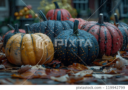 Rain-Kissed Autumn Pumpkins for Halloween and... - Stock Illustration ...