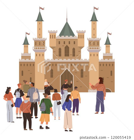 A diverse group of tourists gathering in front... - Stock Illustration ...