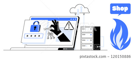 Laptop screen showing a hand holding keys, lock...-插圖素材 [120150886 ...