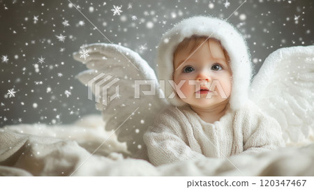 Adorable baby dressed as an angel with snowy... - Stock Illustration ...