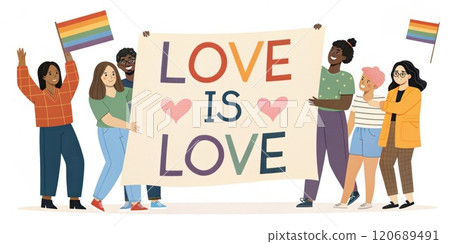 Diverse people holding love is love banner... - Stock Illustration ...