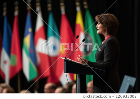 A female leader addressing a crowd at an... - Stock Illustration ...