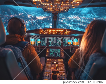 Two pilots in cockpit, teamwork, communication,... - Stock Illustration ...