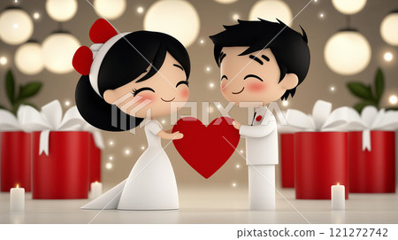 Smiling wedding couple holding heart surrounded... - Stock Illustration ...