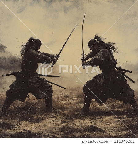 Two samurai dueling, the decisive moment of the... - Stock Illustration ...
