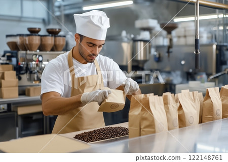 Coffee Bagging Process. Factory Worker in White... - Stock Illustration ...