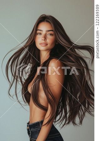 Beautiful naked woman wearing only jeans with... - Stock Illustration [122169389] - PIXTA