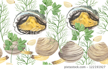 Abalone, clams with dill, parsley and garlic...-插圖素材 [122191927] - PIXTA圖庫