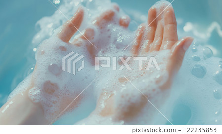 Hands Covered in Soapy Bubbles with Floating Foam - Stock Illustration ...