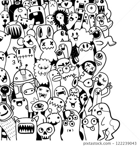 Doodle art featuring crowd of quirky, colorful...-插圖素材 [122239043 ...