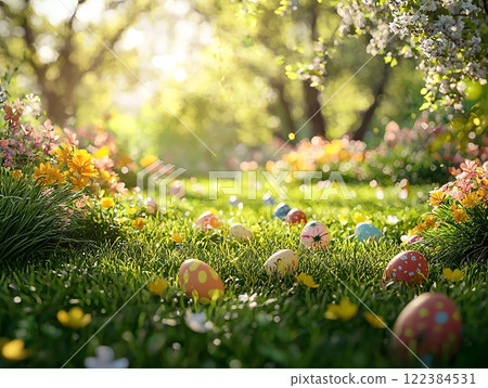 Easter egg hunt in a sunny garden with blooming... - Stock Illustration ...