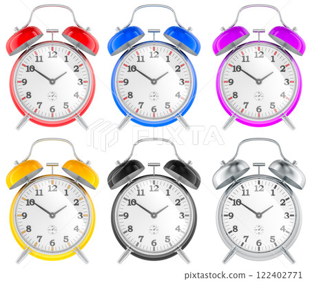 Colored alarm clocks, front views. 3D rendering - Stock Illustration ...