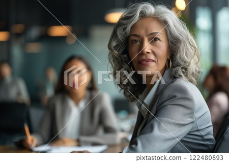 Mature executive woman exuding confidence leads... - Stock Illustration ...
