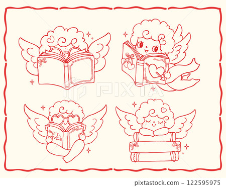 Retro Valentine Bookish Cupid Reading Book Set... - Stock Illustration ...