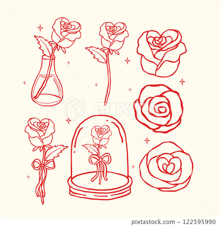 Retro Valentine Rose Set with Wavy Squiggle... - Stock Illustration ...