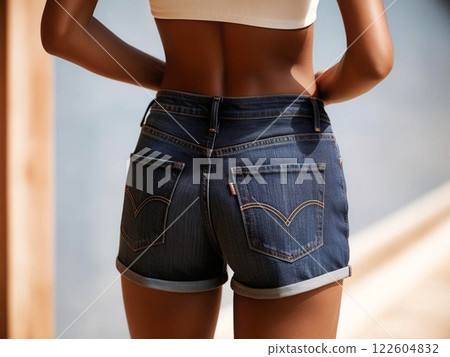 Back view of a healthy woman wearing denim shorts - Stock Illustration ...