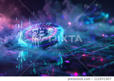Bitcoin digital network with neon blockchain... - Stock Illustration ...