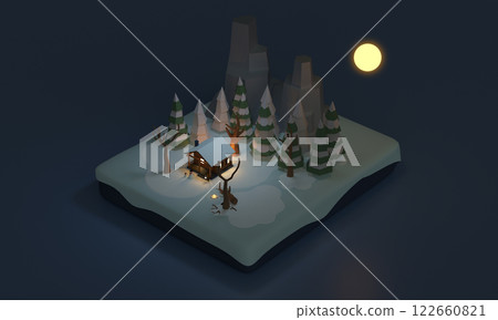 Snowy log cabin at night Isometric. 3D Rendering-插圖素材 [122660821] - PIXTA圖庫