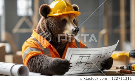 Brown bear architect examining house plans on... - Stock Illustration ...