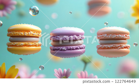 Stack brightly macarons rising, floating air.... - Stock Illustration ...