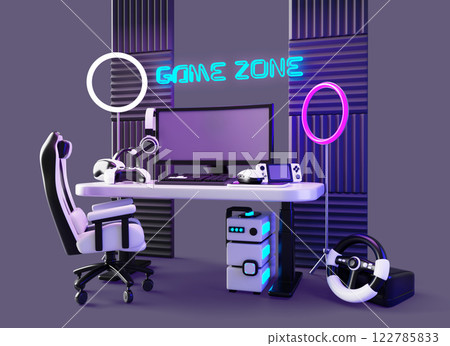 Game zone 3d room interior with setup for... - Stock Illustration ...