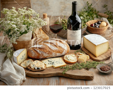 bread, cheese and sausages on rustic wooden table - Stock Illustration ...