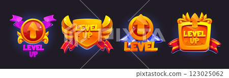 Game level up achievement golden badge with ribbon - Stock Illustration ...
