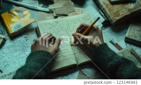 Hands writing in journal on cluttered desk. - Stock Illustration ...