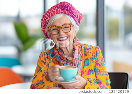 Fashionable grandma enjoying coffee in a cozy... - Stock Illustration ...