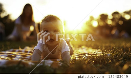 Baby on Blanket Smiling at Sunset in Outdoor... - Stock Illustration ...