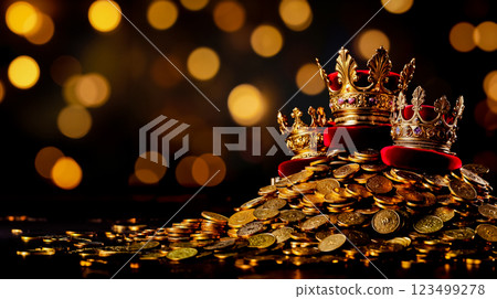 A pile of gold coins with two crowns on top of... - Stock Illustration ...